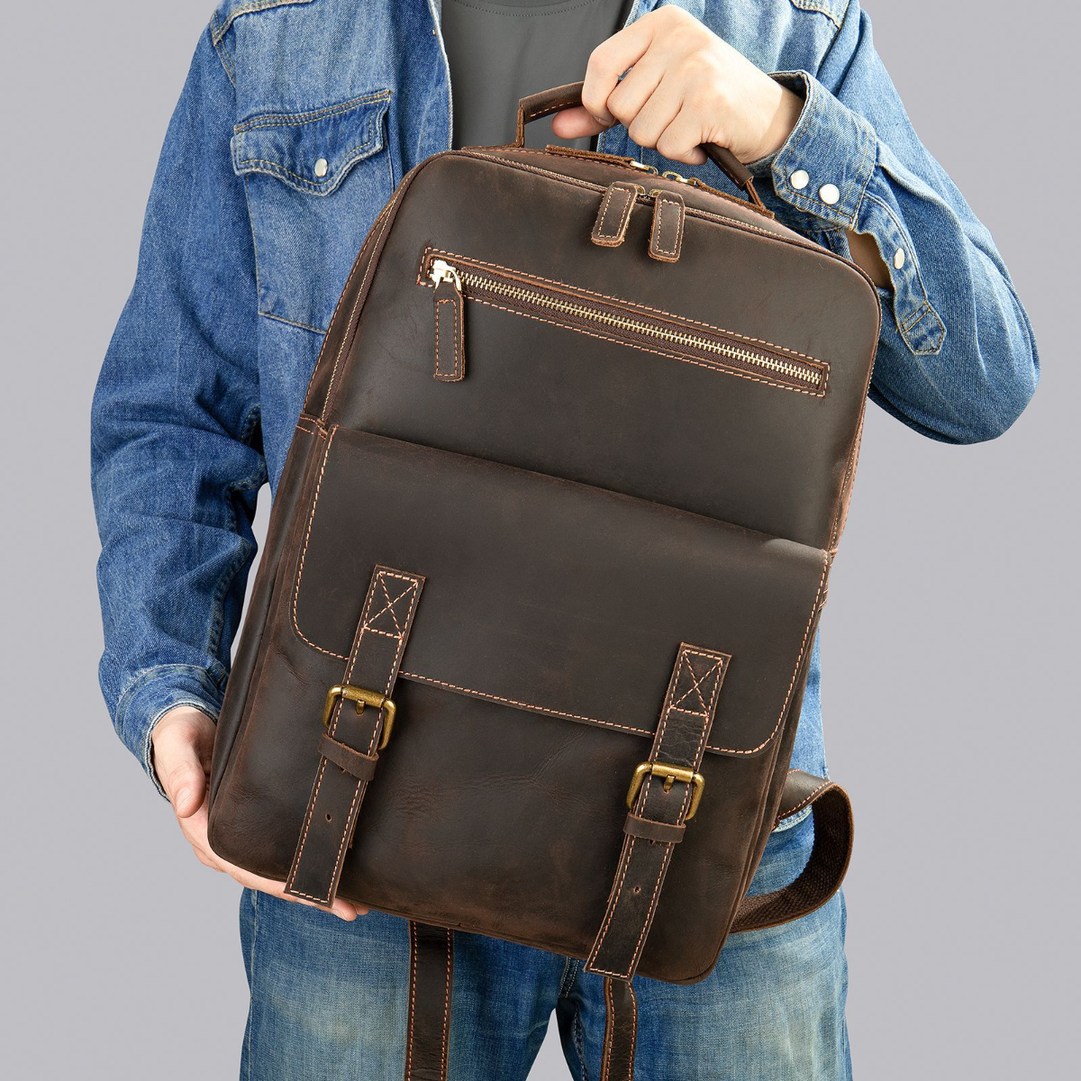 Men's Double Shoulder Crazy Horse Leather Backpack - Travox.Shop